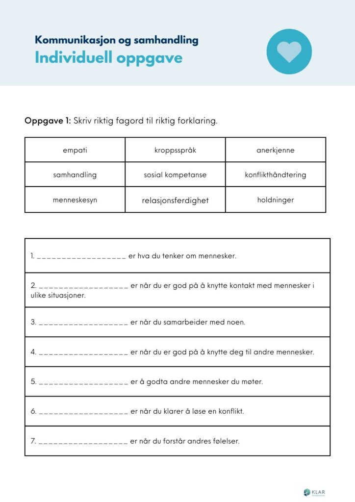 Kommunikasjon og samhandling - individuell oppgave - Klar Kompetanse